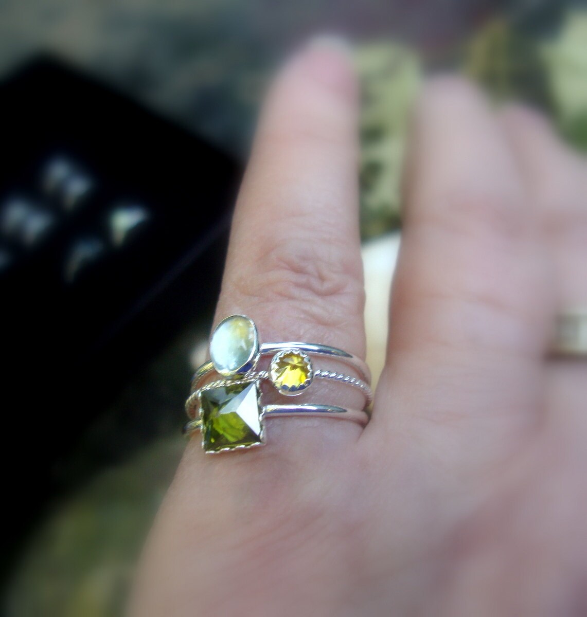 3 Ring Stack Green Eyes Green Moonstone Olivine Man Made | Etsy