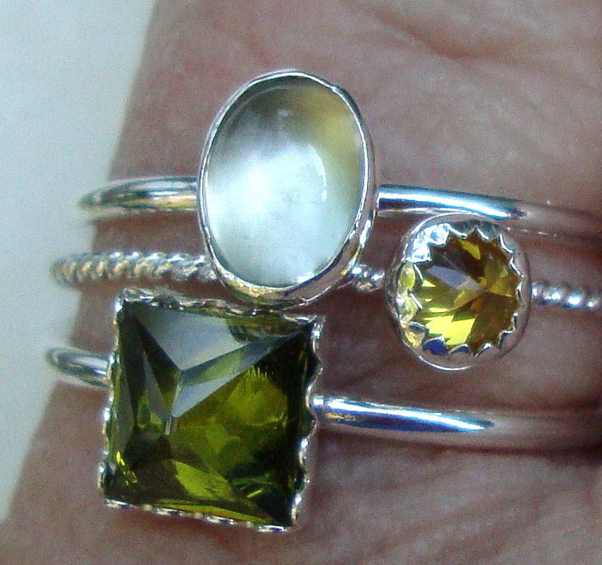 3 Ring Stack Green Eyes Green Moonstone Olivine Man Made | Etsy