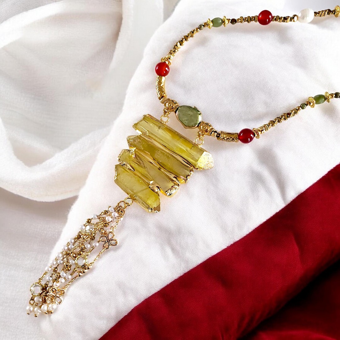 Long Necklace in Natural Stones. Freshwater Pearls. Tassels. Ethnic ...