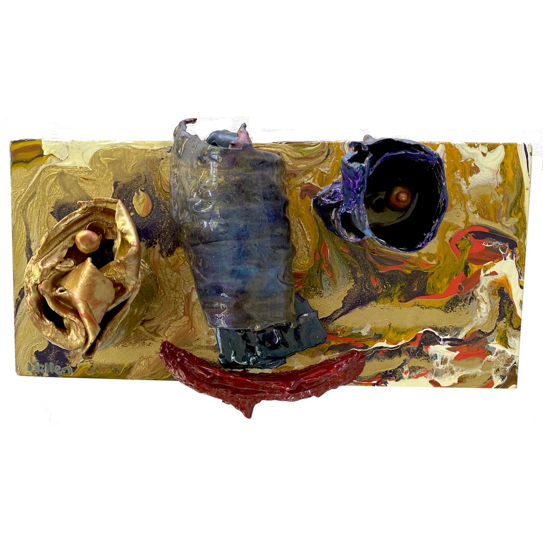 Abstract Mixed Media Face Wall Art, Primitive, Metallic & Whimsical ...