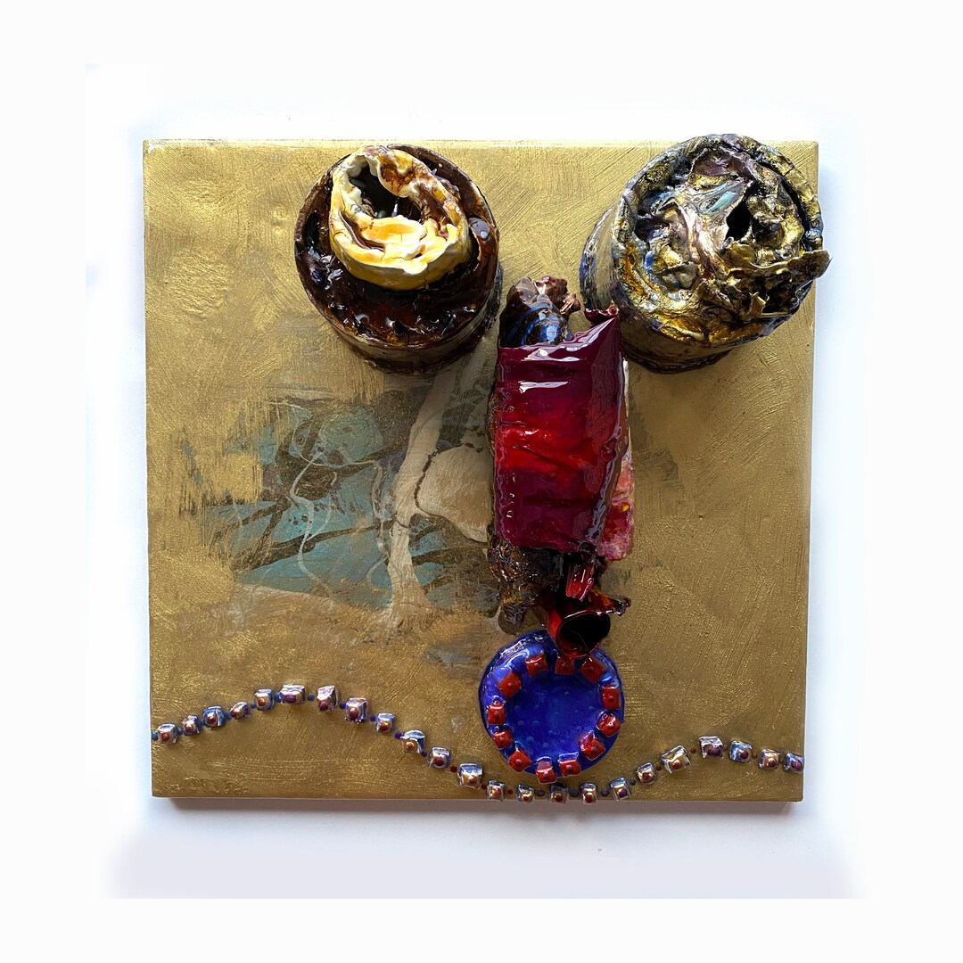 Abstract Mixed Media Face Wall Art, Primitive, Metallic & Whimsical ...