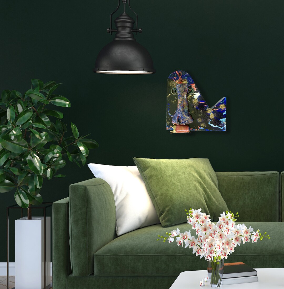 Abstract Mixed Media Face Wall Art, Primitive, Colorful and Whimsical ...