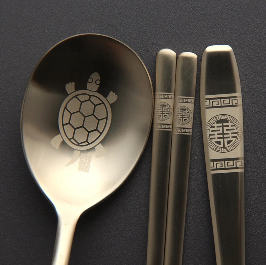Elegant Korean Set - Stainless Steel Spoon and Chopsticks With Turtle ...