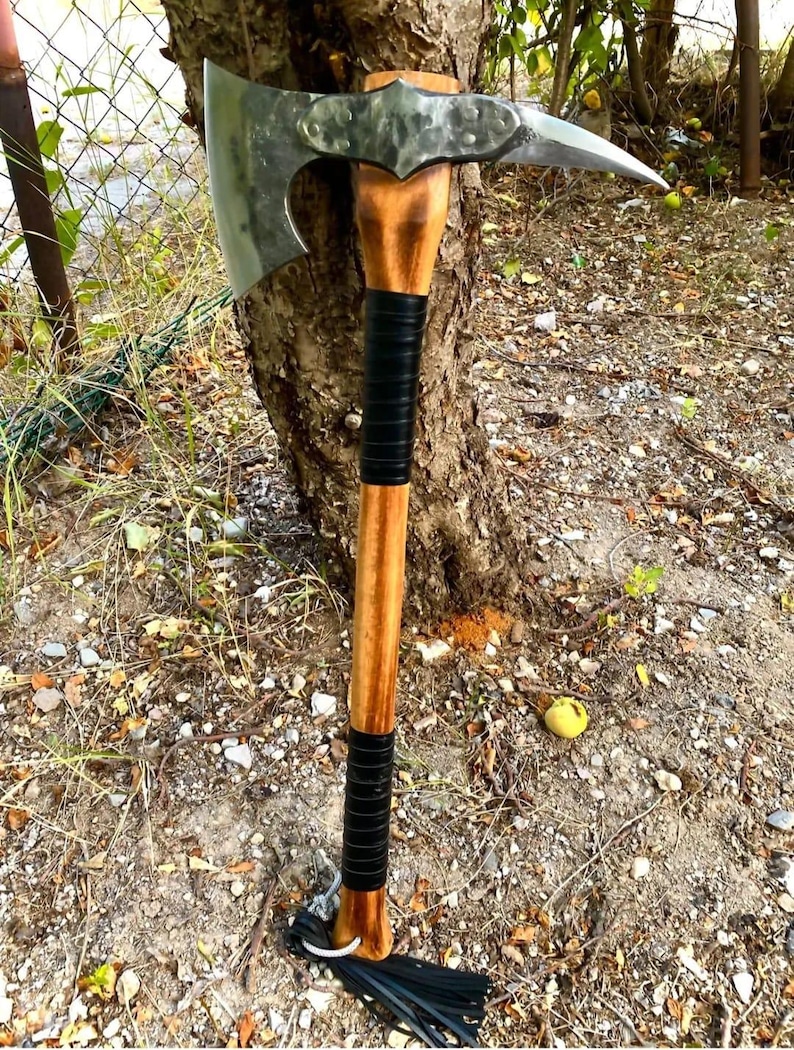 Hand Forged Carbon Steel Viking Axe, Bushcraft Camping Axe With Leather ...