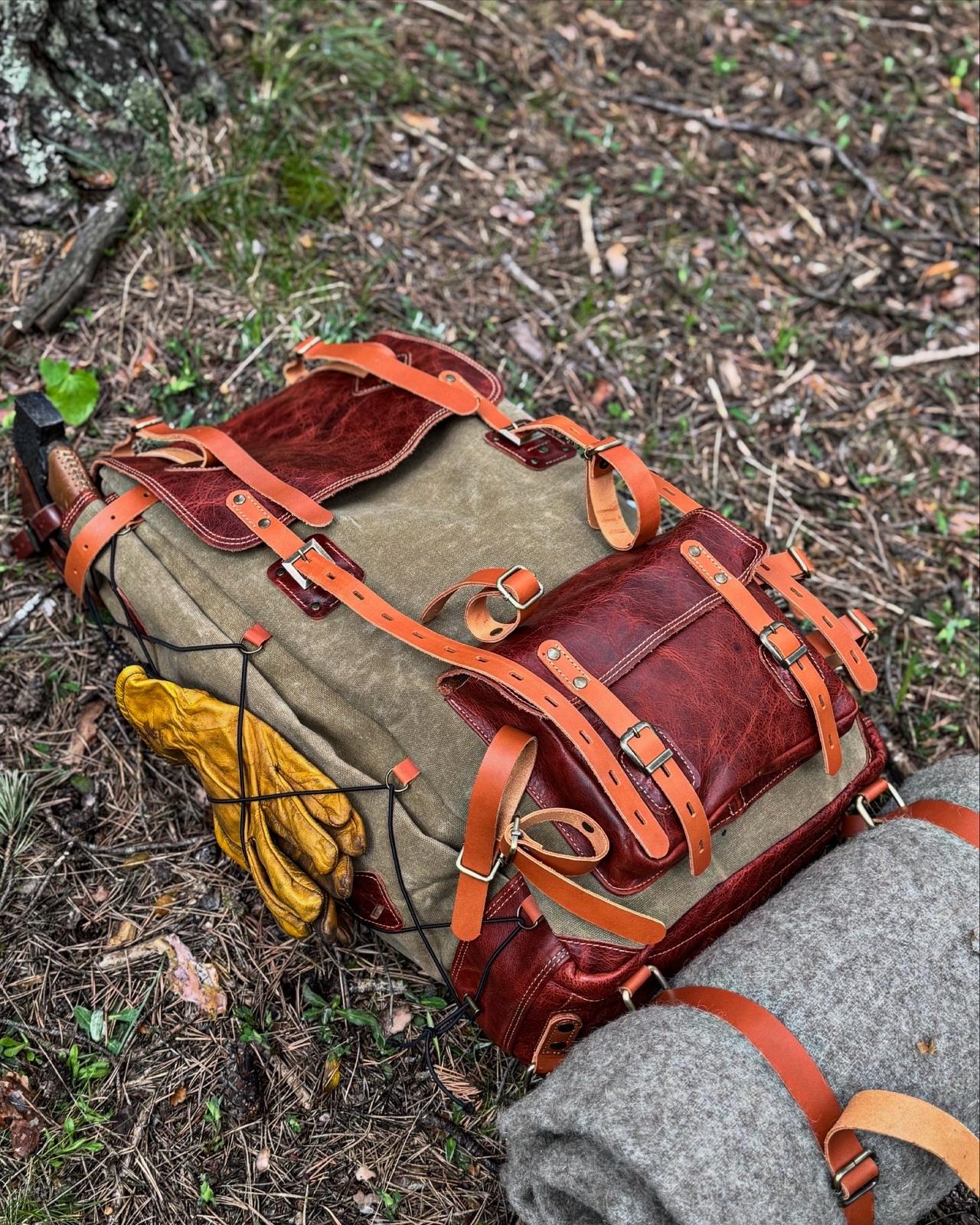Handcrafted Waxed Canvas & Leather Bushcraft Backpack: Hiking Camping ...