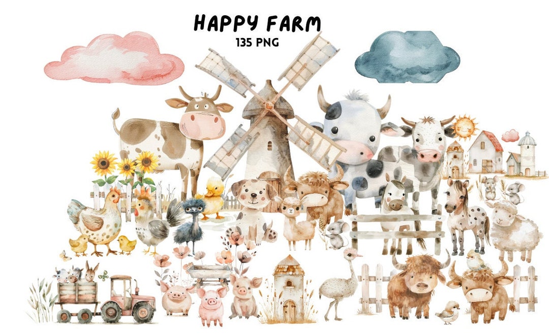Watercolor Farm Animals Clipart Bundle, Cow PNG, Farm Animal Clipart ...