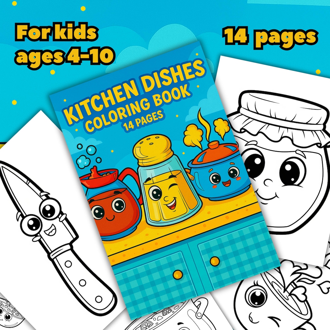 Kitchen Dishes Coloring Book | Printable Coloring Pages | Digital ...