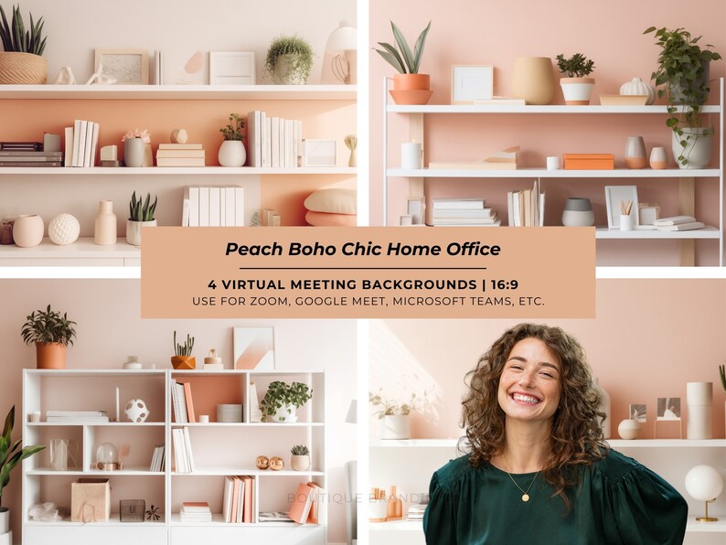 Peach Boho Chic Shelves, Plants Zoom Home Office Background ...