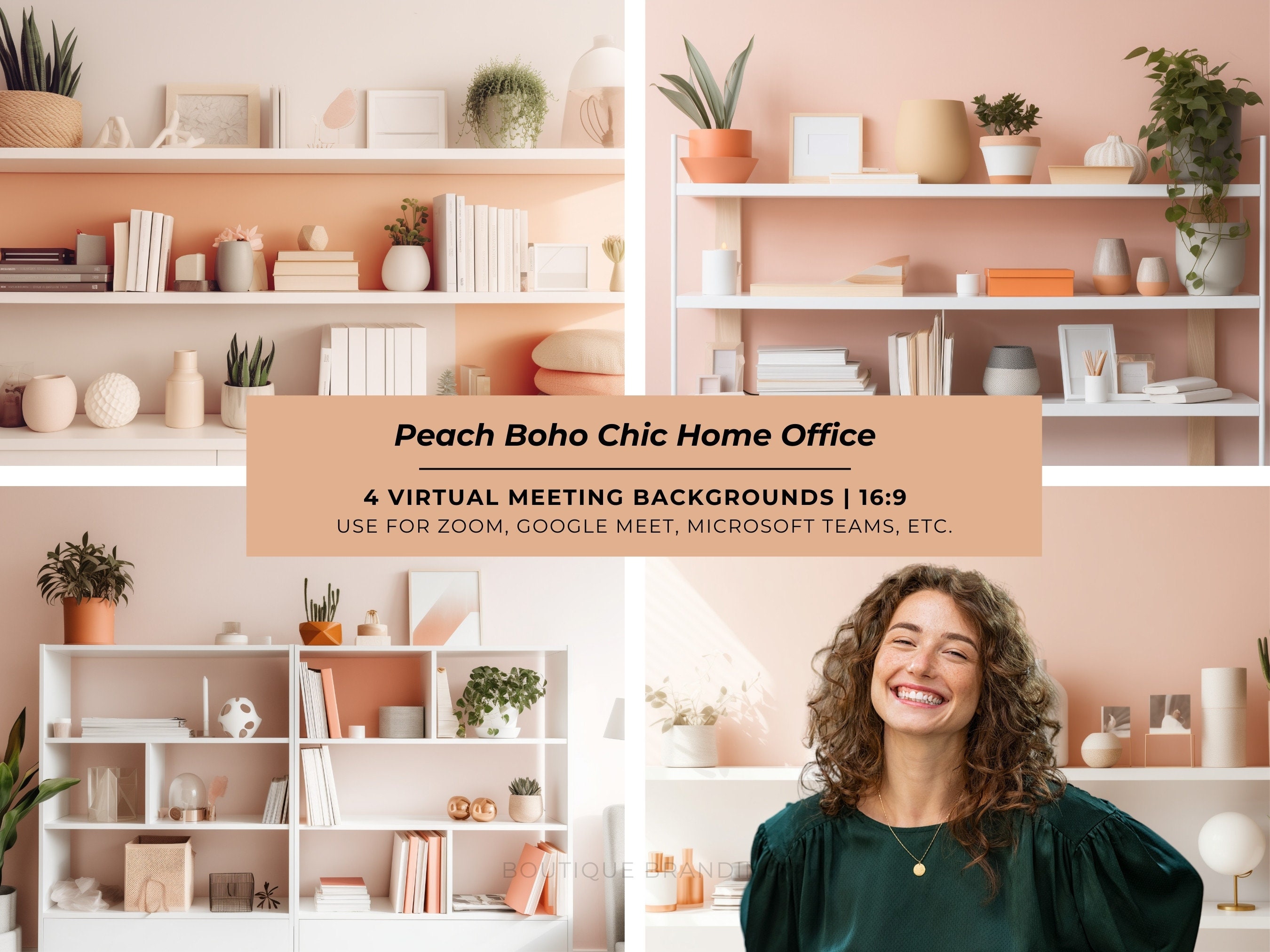 Peach Boho Chic Shelves, Plants Zoom Home Office Background ...