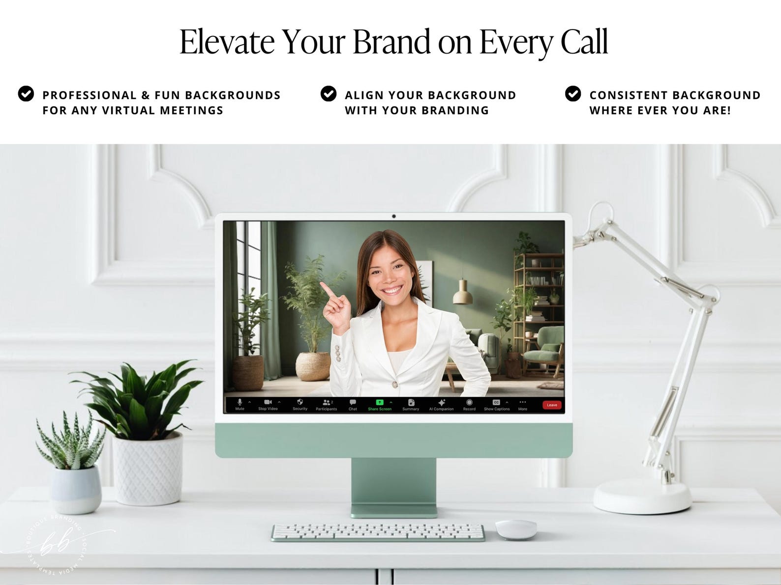 Modern Living Room Virtual Background, Sage Green Wallpaper, Zoom Home ...