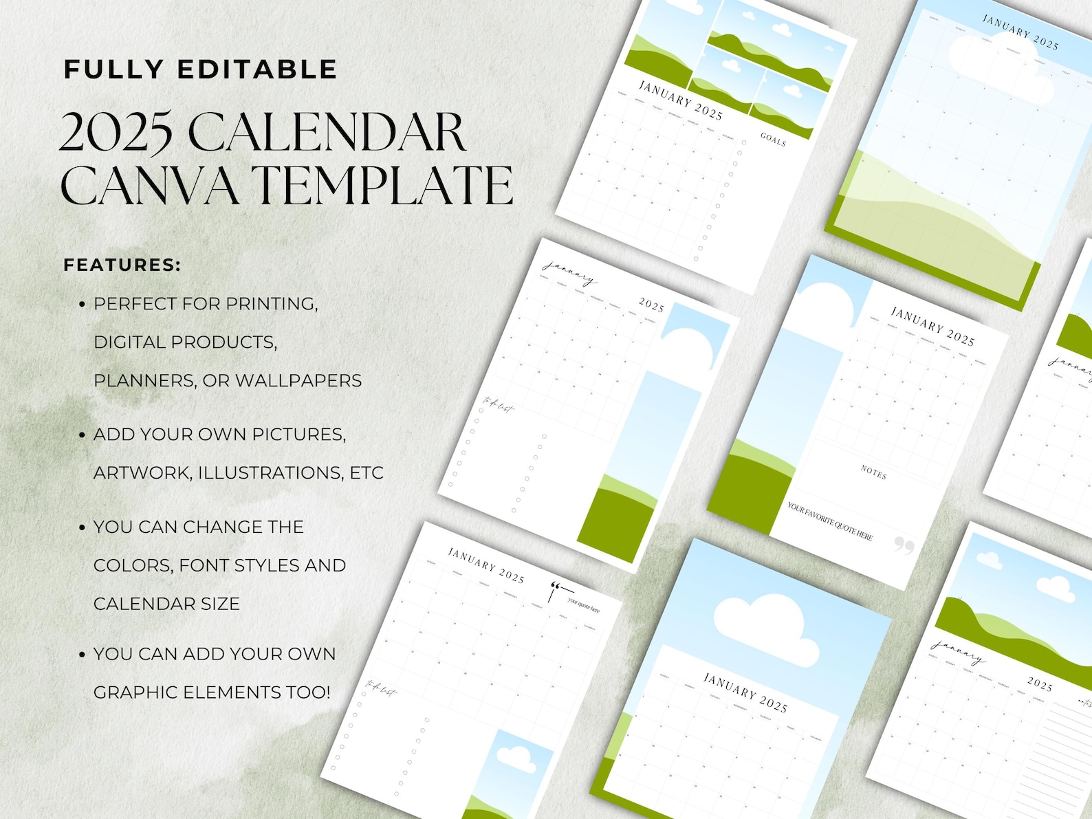 Editable 2025 Calendar Templates, Fully Editable, Personalize in Canva ...