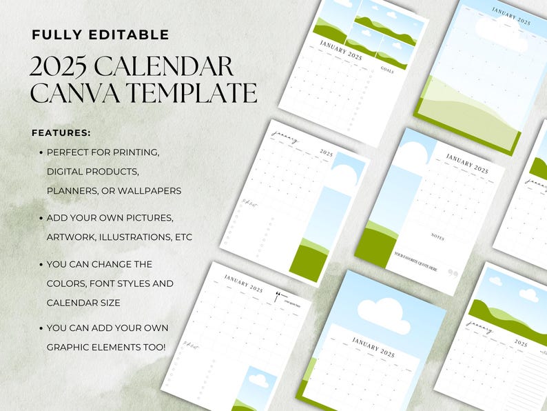 Editable 2025 Calendar Templates, Fully Editable, Personalize in Canva ...