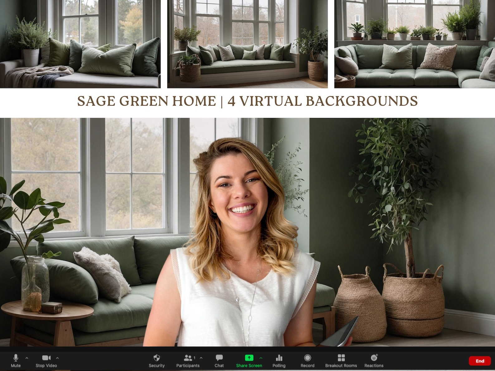 Sage Green Cozy, Windowseat Zoom Home Office Background, Professional ...