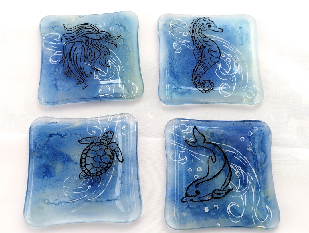 Fused Glass Coaster Set: Under the Sea Art, Hand-painted (set of 4) - Etsy