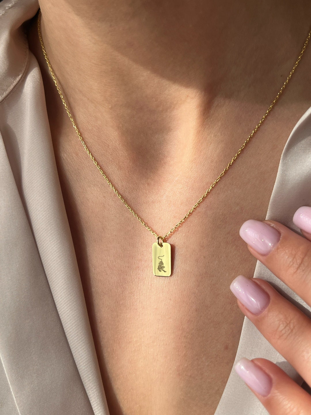 Tiger Tag Necklace • 925 Sterling Silver, 18k Gold Plated - Etsy