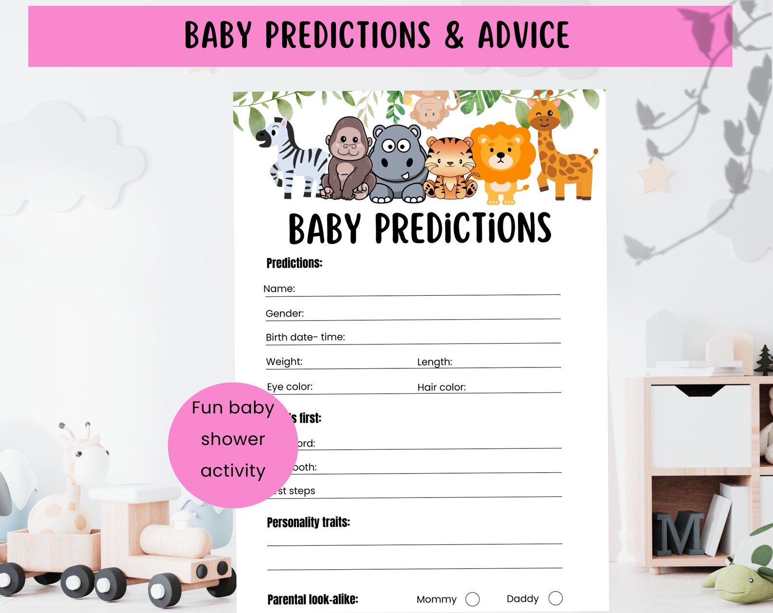 Printable Predictions and Advice Cards Baby Shower Game Safari Animals ...