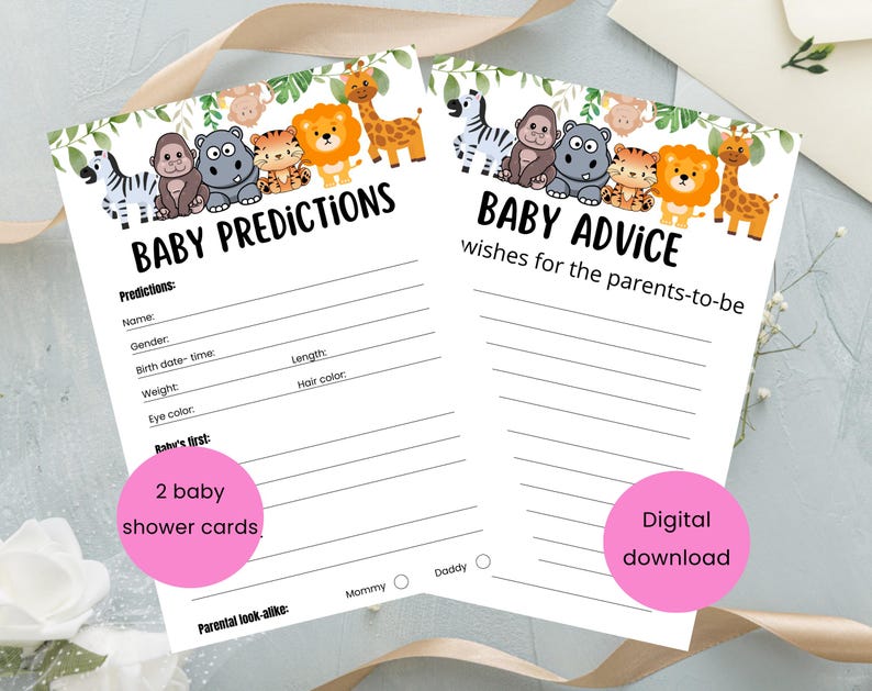 Printable Predictions and Advice Cards Baby Shower Game Safari Animals ...