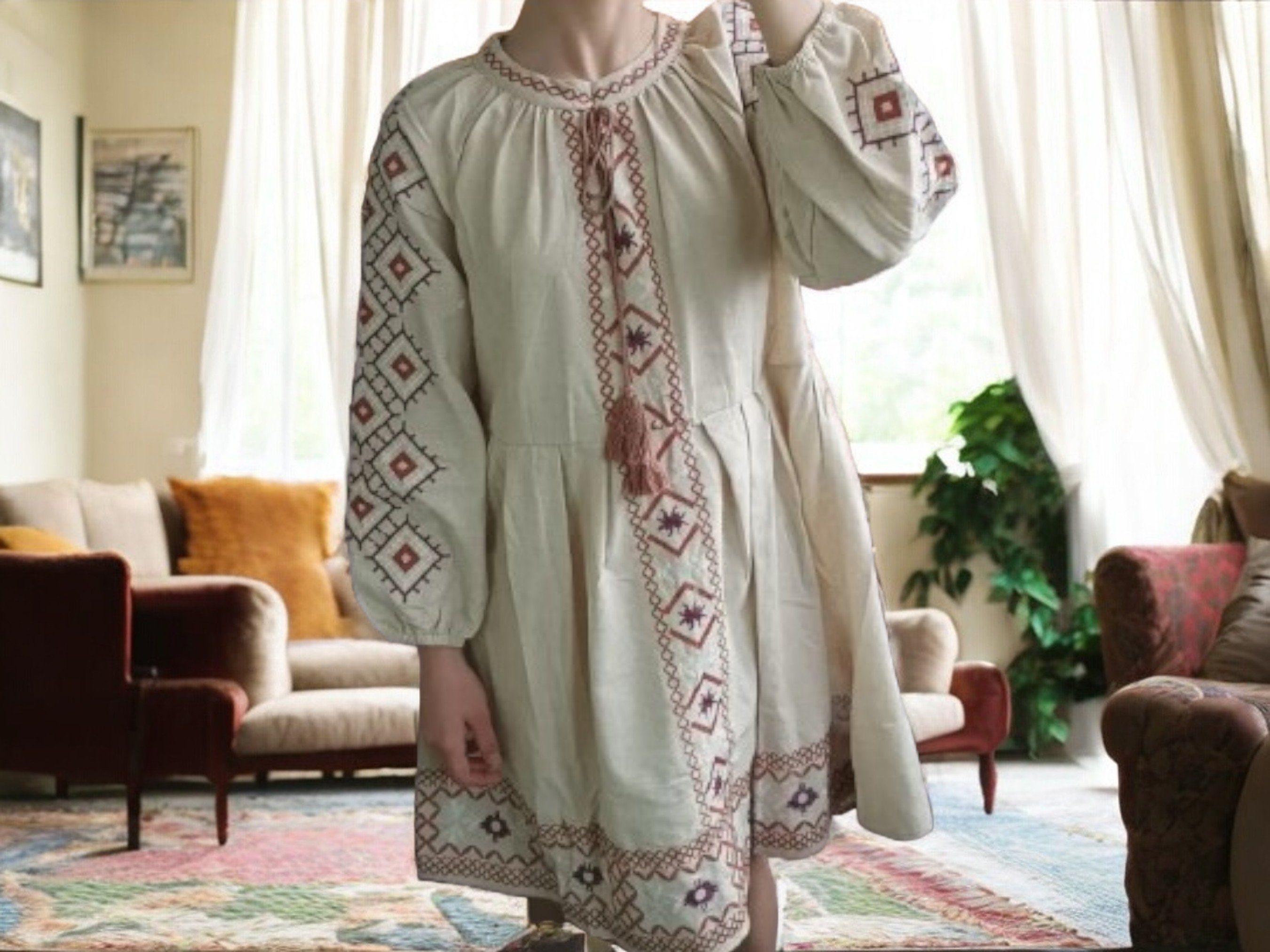 Women's Boho Dress | Loose Puff Sleeves | Fashionable Lace-up Clothing ...