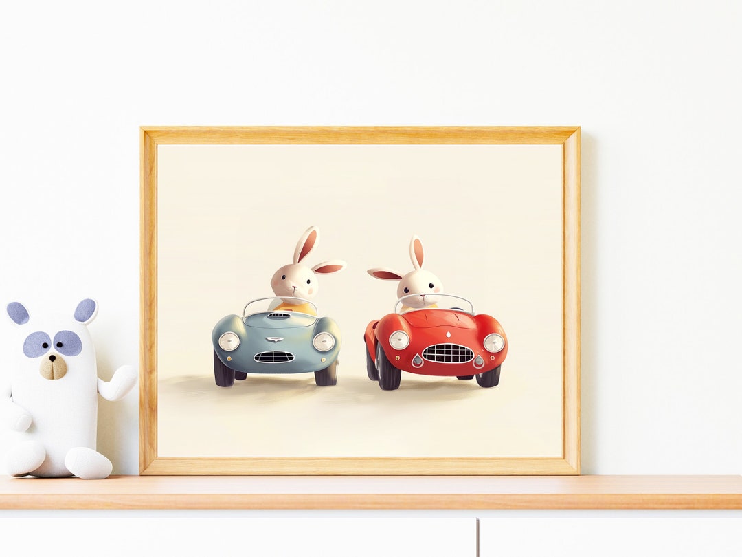 Two Bunnies in Racing Car, Rabbit Nursery Print, Bunny Nursery, Rabbit ...