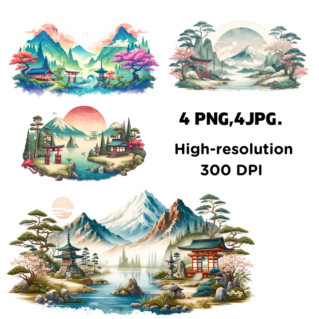 Serene Japanese Temples With Mountain Backdrops 4 File of Set JPG ,PNG ...