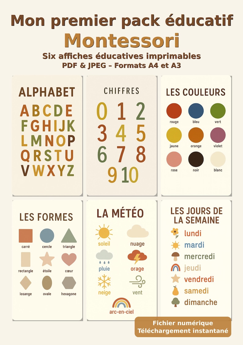 Montessori Pack 6 Educational Printable Posters – Alphabet, Numbers ...