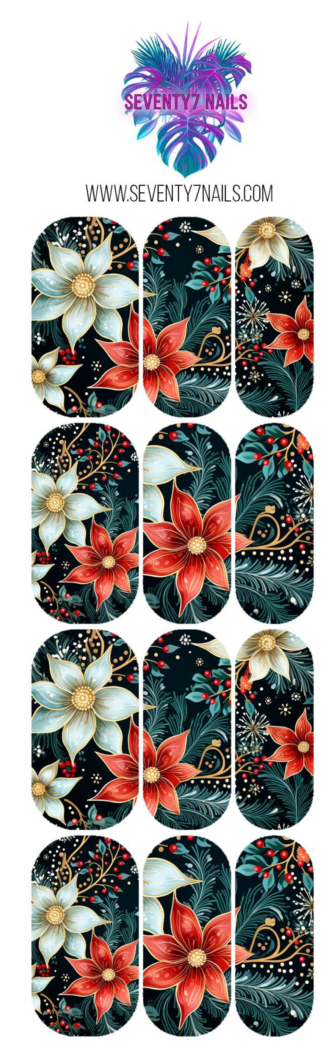 Poinsettias Holiday Nail Decals | Autumn Winter Waterslide Nail Art ...