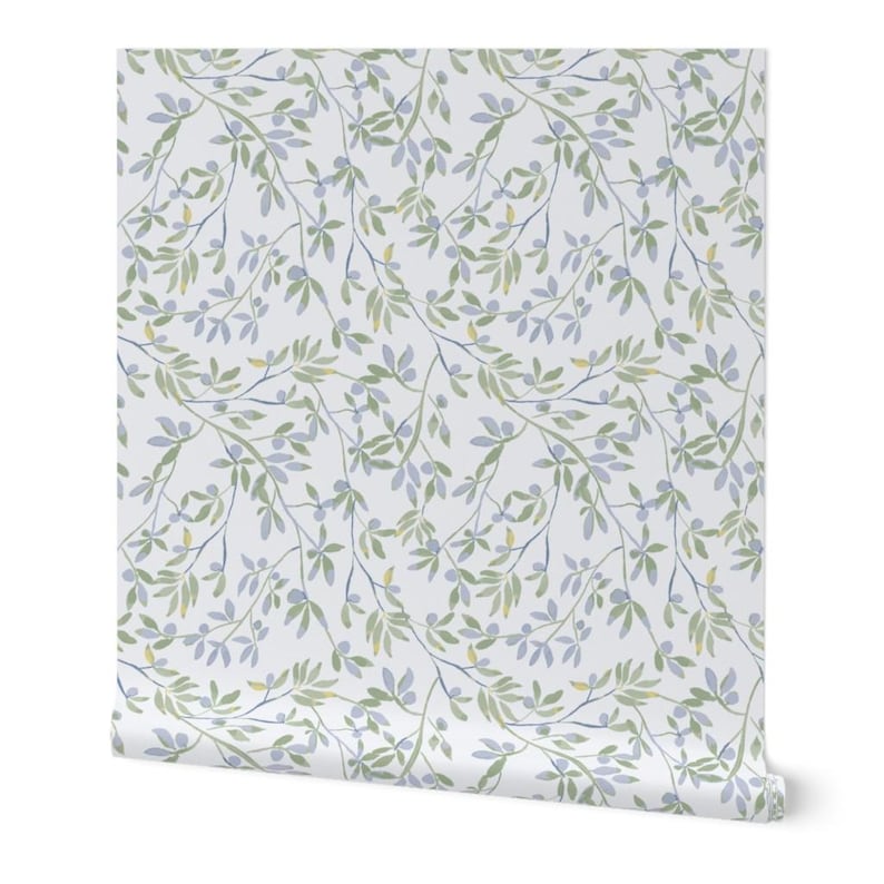 Trailing Botanical Watercolour Leaves in Pale Cottage Blues + Greens ...