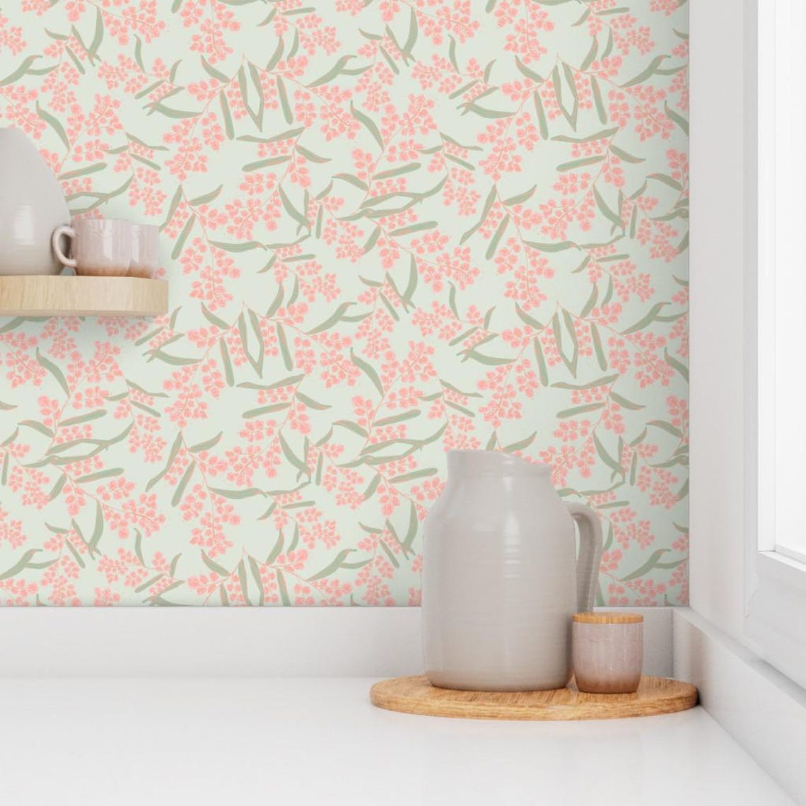 Native Wattle Flowers in Pink + Sage Green - Removable Wallpaper - Peel ...