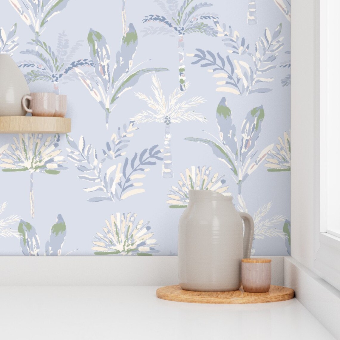 Watercolour Palms in Pale Blue Wallpaper - Peel + Stick or Pre Pasted ...