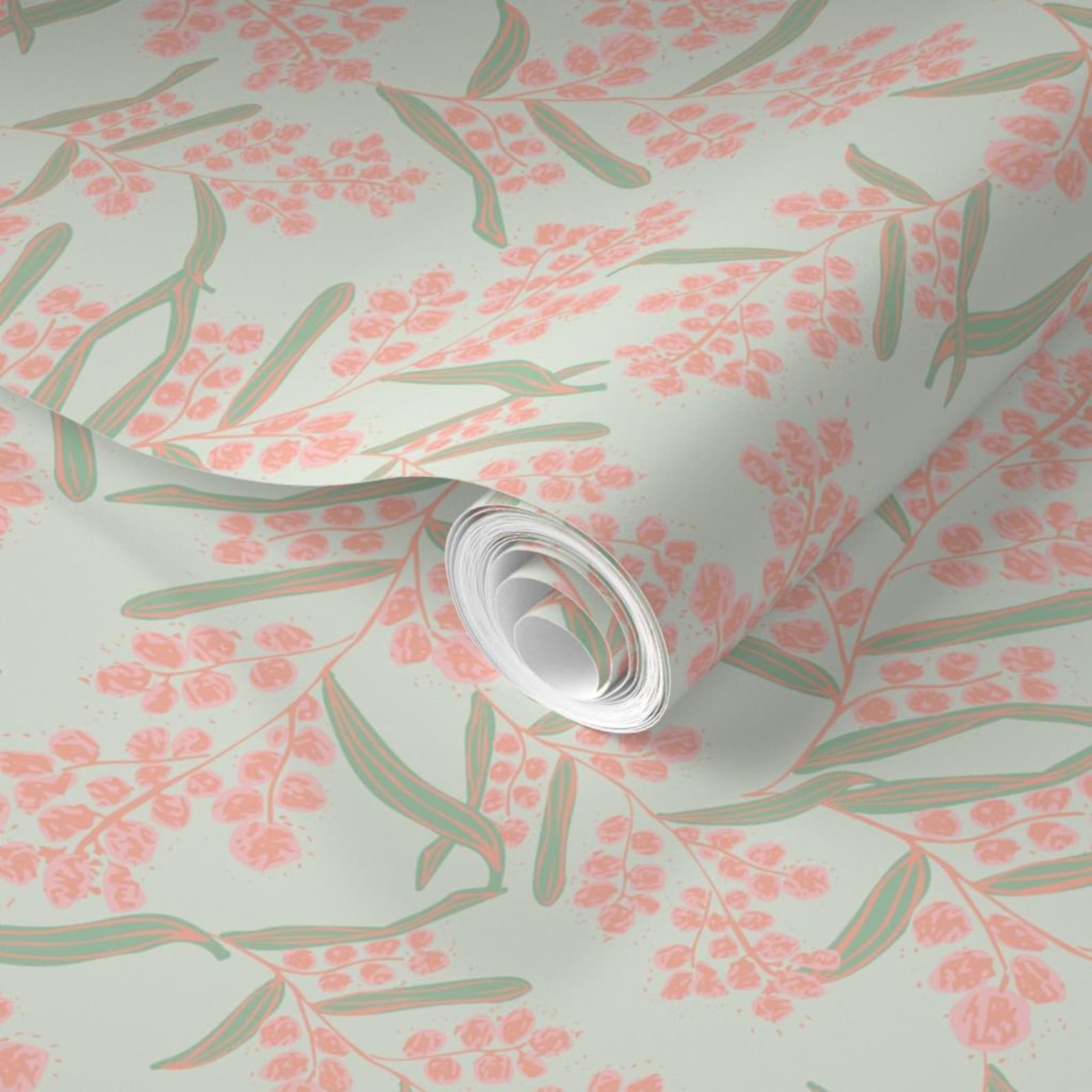 Native Wattle Flowers in Pink + Sage Green - Removable Wallpaper - Peel ...