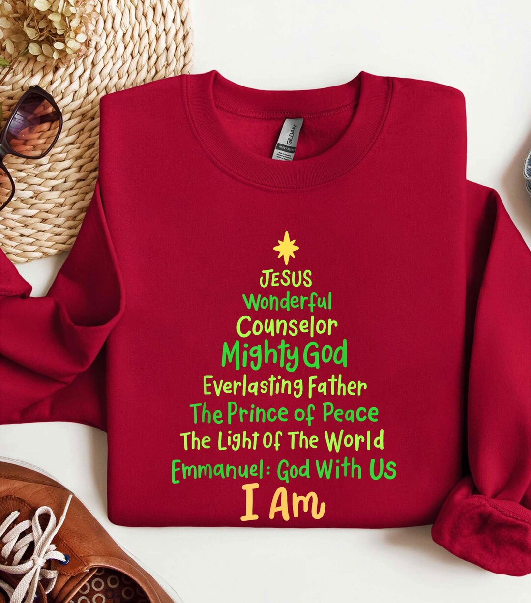 Christian Christmas Jesus Names Tree Sweatshirt, Bible Verse Faith ...