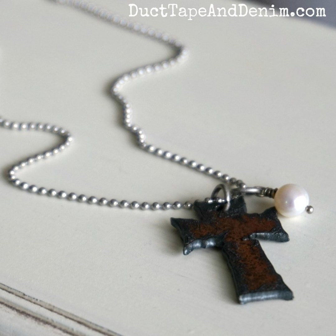 Cross Necklace With Freshwater Pearl Rustic Cross Necklace Cross ...