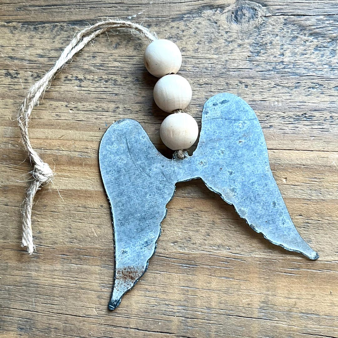 Angel Wing Ornament With Metal Wings & Wooden Beads / Farmhouse Style ...