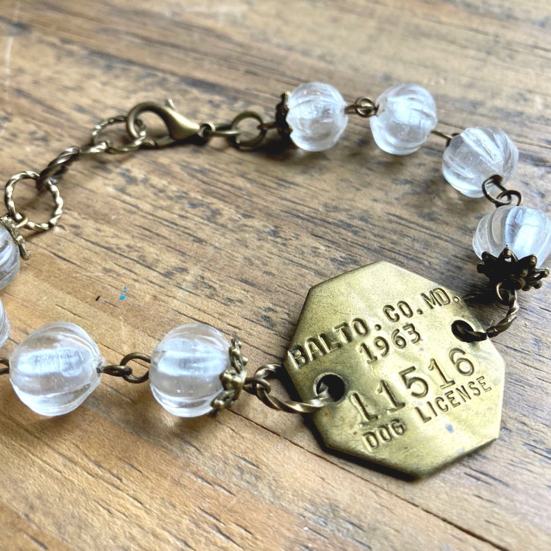 Upcycled Vintage Brass Dog Tag Bracelet With Repurposed Clear - Etsy