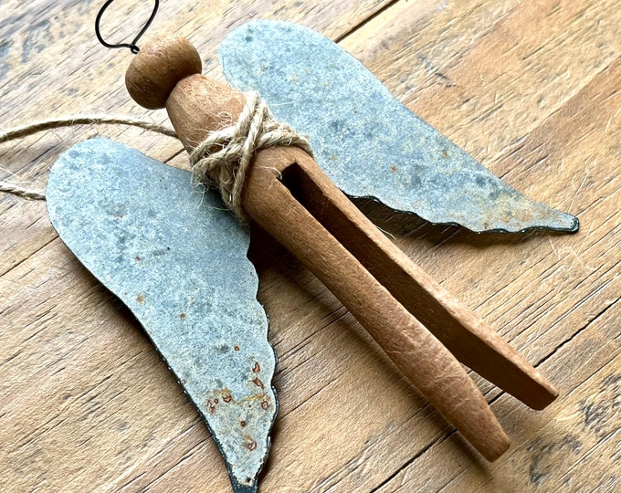 Clothespin Angel Ornament With Galvanized Tin Metal Wings, Rustic Angel ...