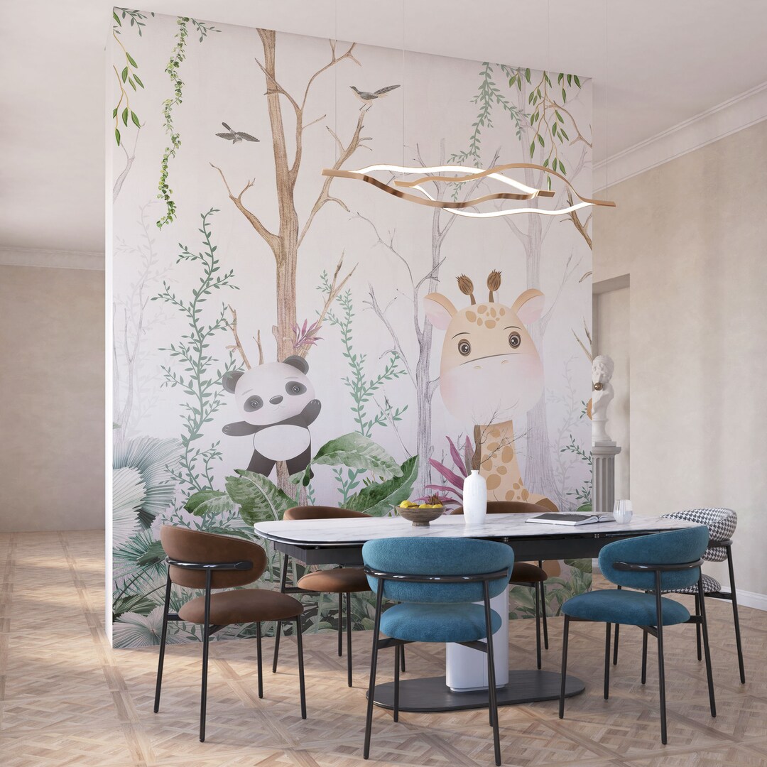 Cute Forest Patrol Nursery Wallpaper Giraffe, Elephant, Bears, Birds ...