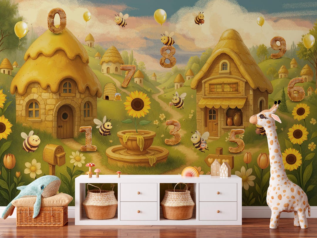Bee Village Numbers Wall Mural – Honeycomb Numbers With Cute Bees ...