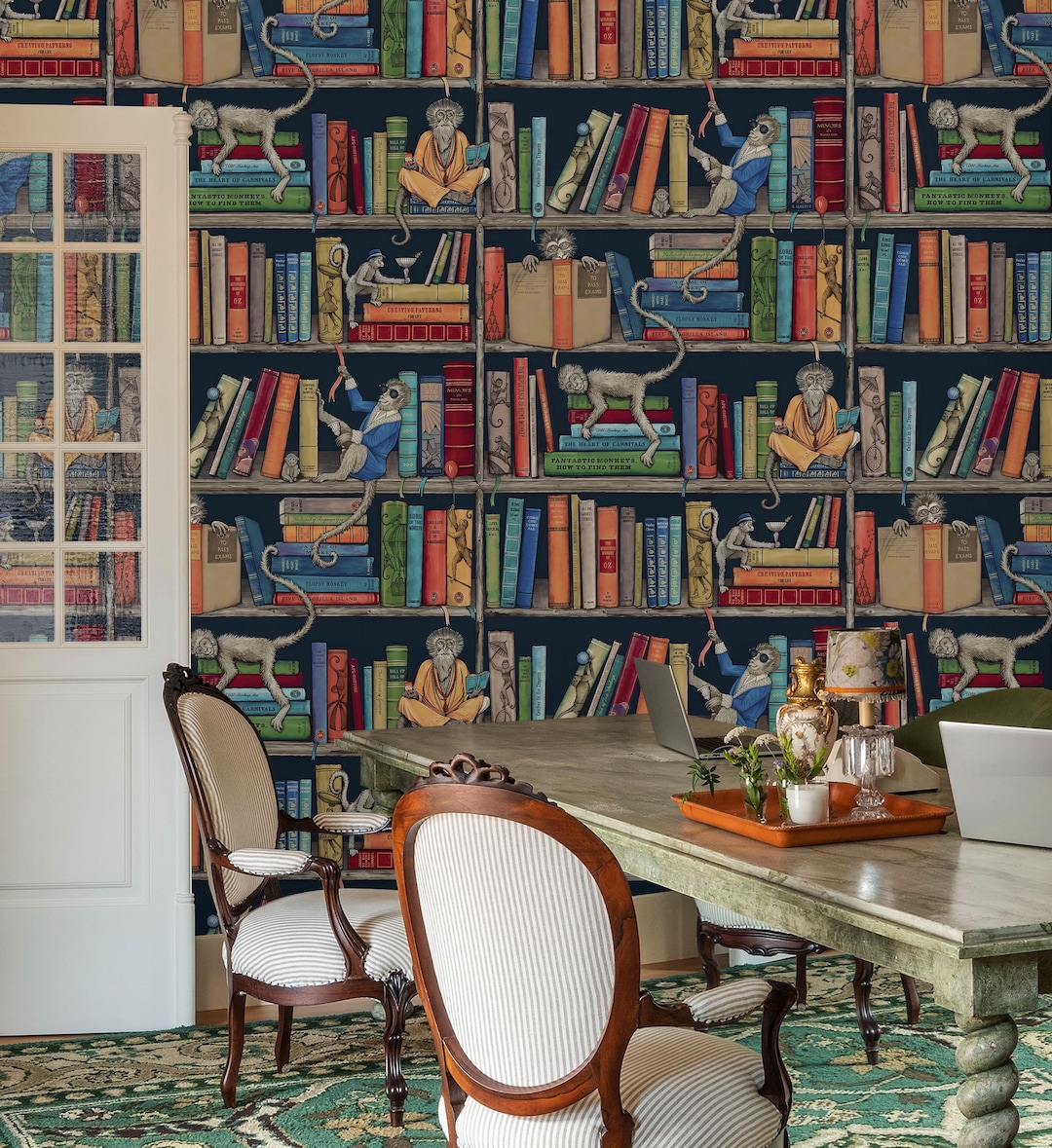 Monkey Library Colourful Blue Wallpaper – Playful Bookshelf Design With ...