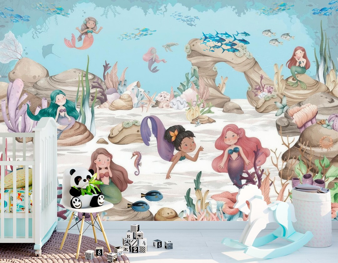 Underwater Mermaid Wall Mural – Whimsical Coral Reef With Cute Mermaids ...