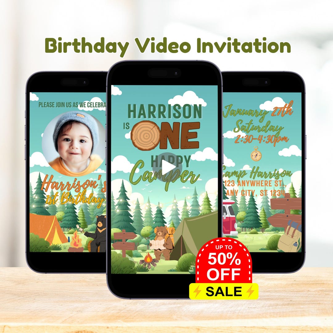 Editable One Happy Camper Birthday Video Invitation Template, Camping ...
