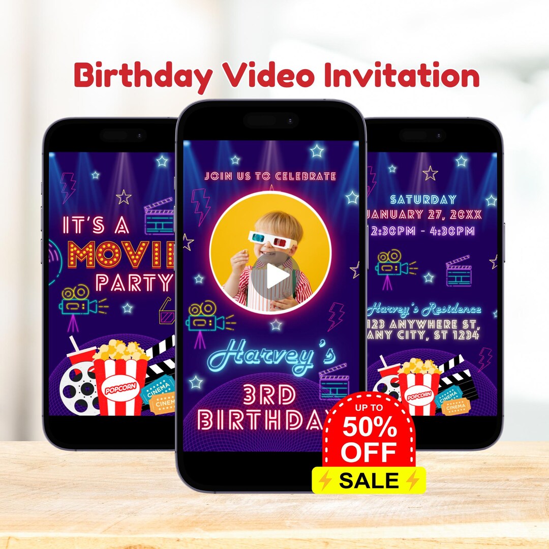 Editable Movie Night Birthday Animated Video Invitation: Cinema Party ...