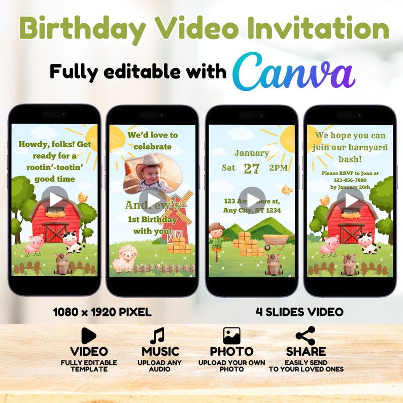 Editable Farm Birthday Video Invitation: Animated Barnyard Party (canva ...