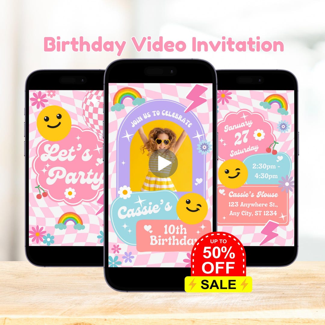 Editable Let’s Party Retro Groovy Birthday Animated Video Invitation ...
