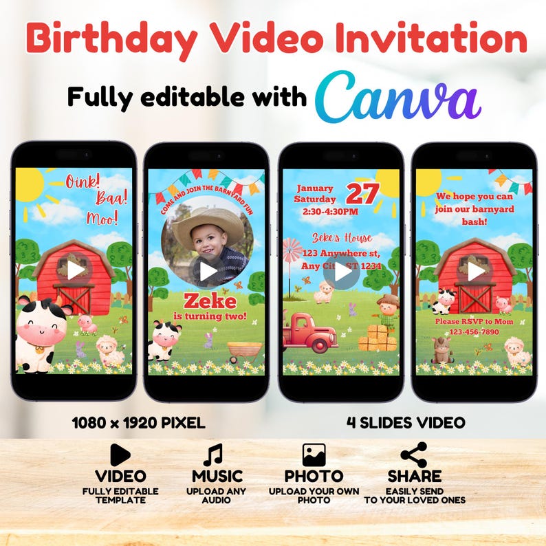 Editable Farm Birthday Video Invitation Template, Farm Theme Birthday ...