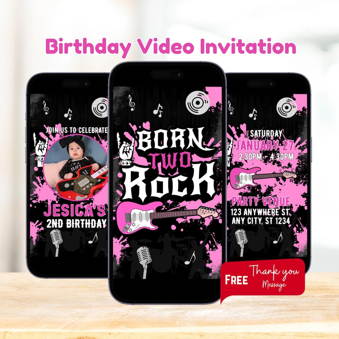 Born Two Rock 2nd Birthday Invitation, Pink Rock and Roll Party, Born ...