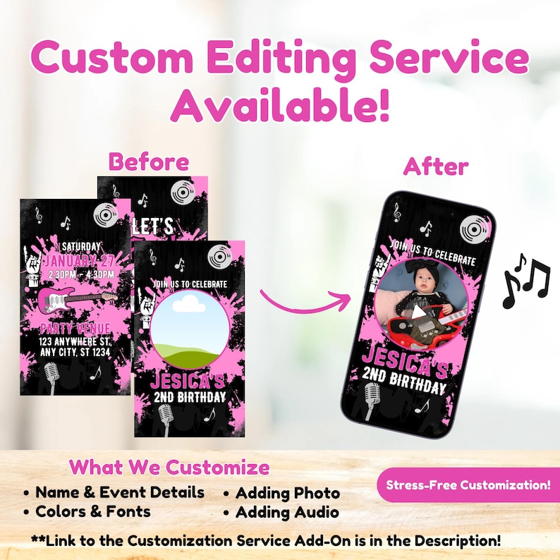 Born Two Rock 2nd Birthday Invitation, Pink Rock and Roll Party, Born ...