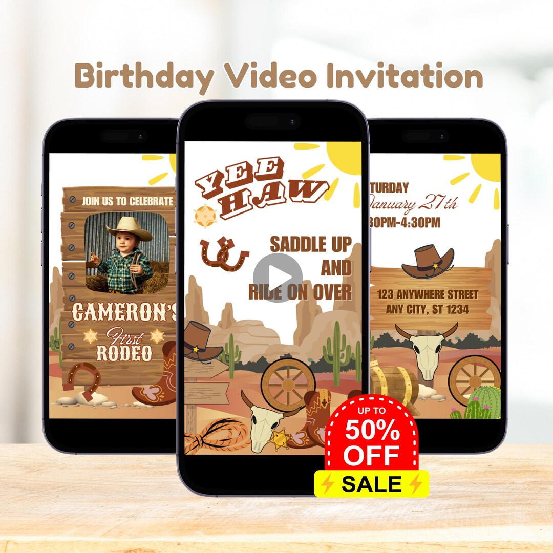 Editable First Rodeo Birthday Video Invitation: Animated Cowboy Theme ...