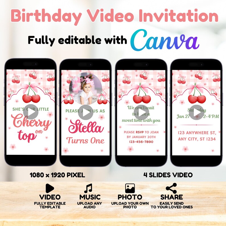 Editable Cherry on Top Birthday Video Invitation: Animated Theme ...