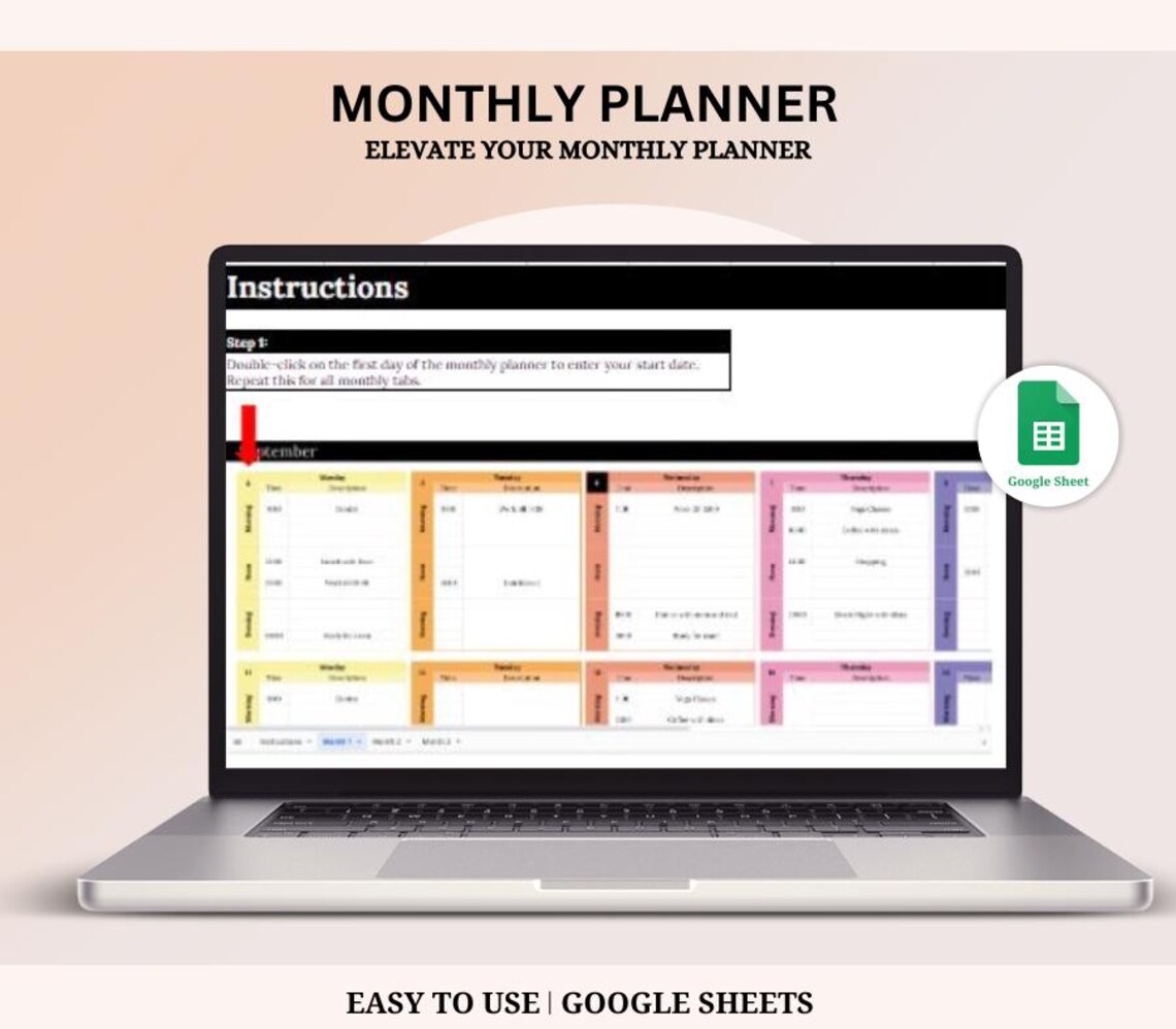Monthy Google Sheets Planner | Spreadsheet Excel Template | Monthly ...