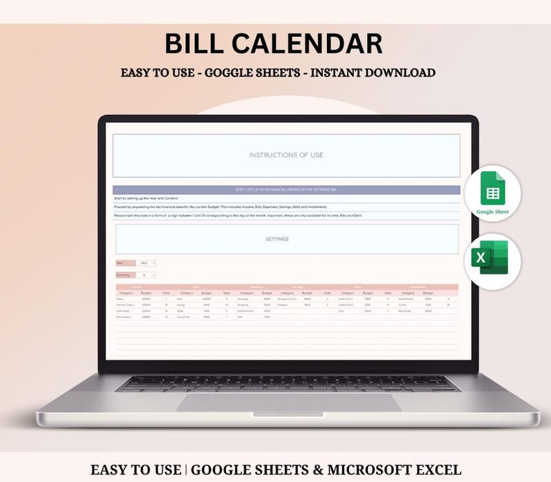 Bill Tracker Spreadsheet, Google Sheet, Excel Bill Calendar, Monthly ...
